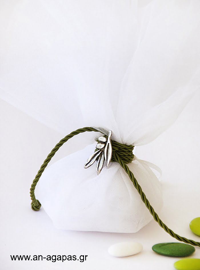 Μπομπονιέρα Γάμου Λευκό Τούλι ΚΛαδί Ελιάς - An-agapas